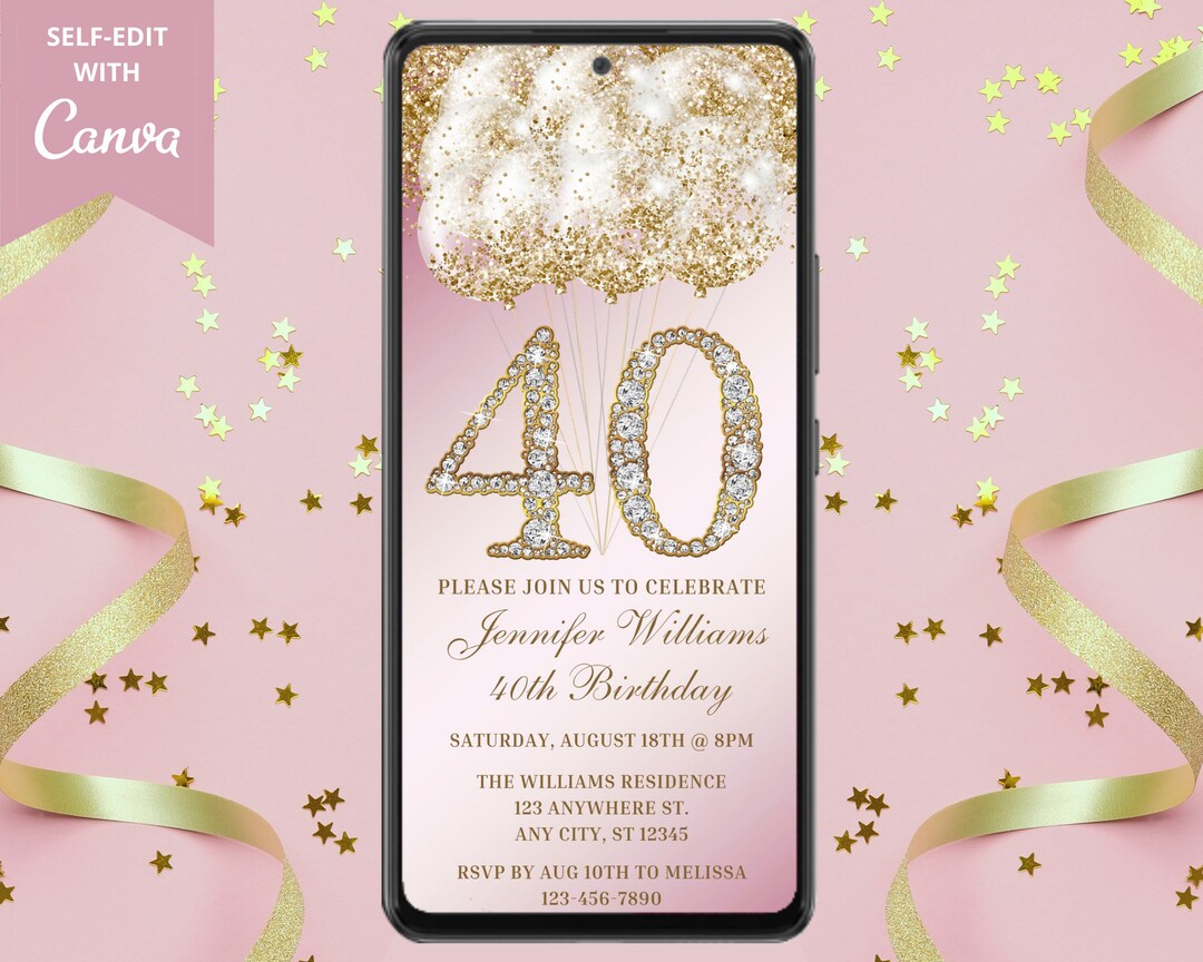 Digital 40th Birthday Party Invitation, Pink Gold Diamonds Balloons ...