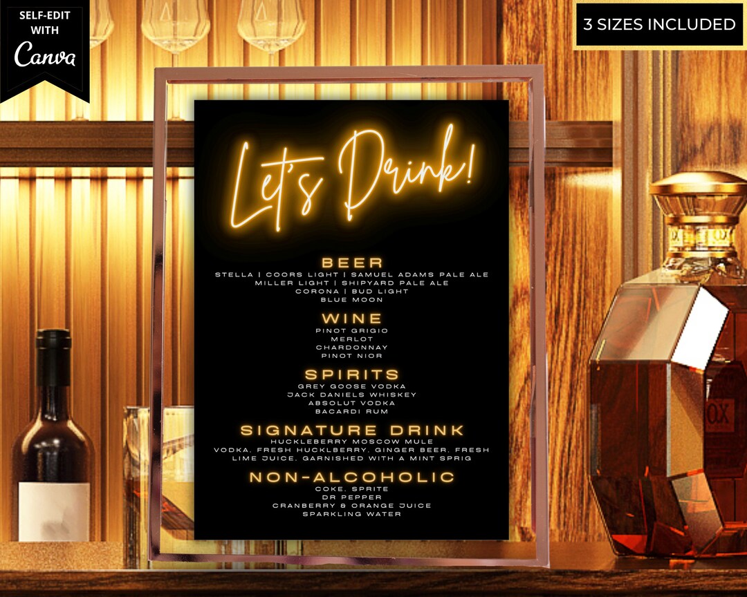 Editable Let's Drink Gold Neon Bar Menu Template, Printable Signature ...