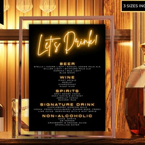 Editable Let's Drink Gold Neon Bar Menu Template, Printable Signature ...
