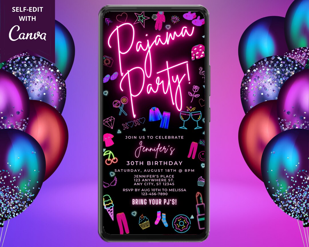 Digital Pajama Party Pink Neon Birthday Party Invitation, Electronic ...
