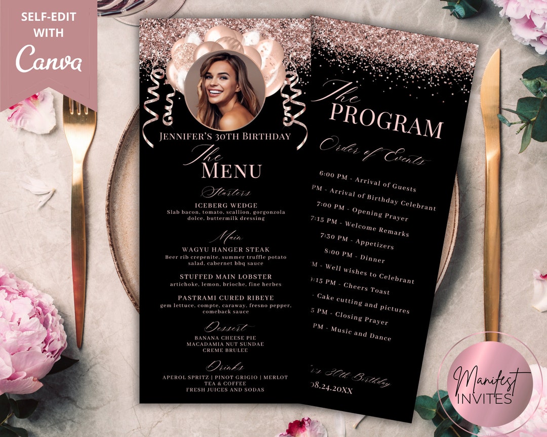 Editable Picture Pink Rose Gold Glitter Balloons Menu and Program Card ...