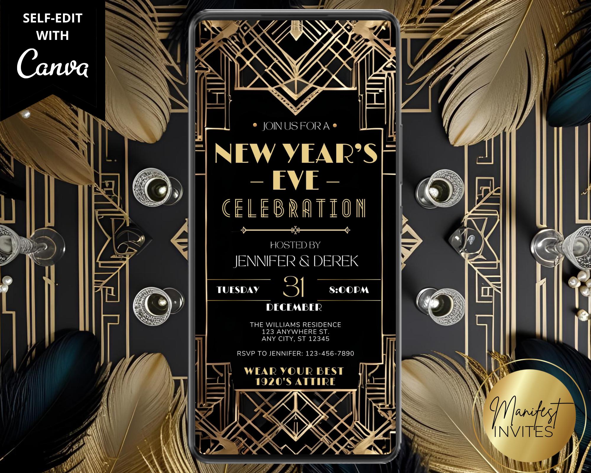 Digital Roaring 20s Gatsby Themed New Years Party Invitation, Art Deco ...