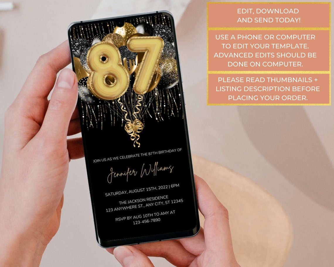 Digital 87th Birthday Party Invitation Electronic Birthday - Etsy