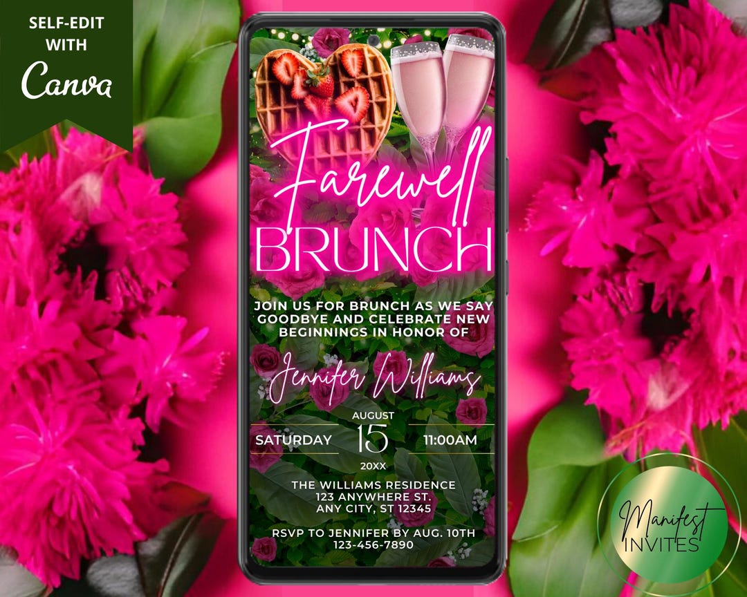 Digital Farewell Brunch Party Invitation, Garden Party, Pink Neon ...