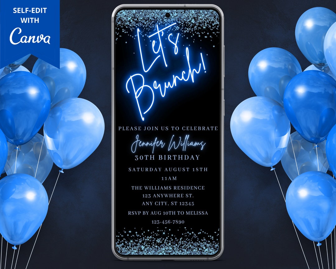 Digital Blue Neon Birthday Brunch Invitation, Electronic Birthday ...
