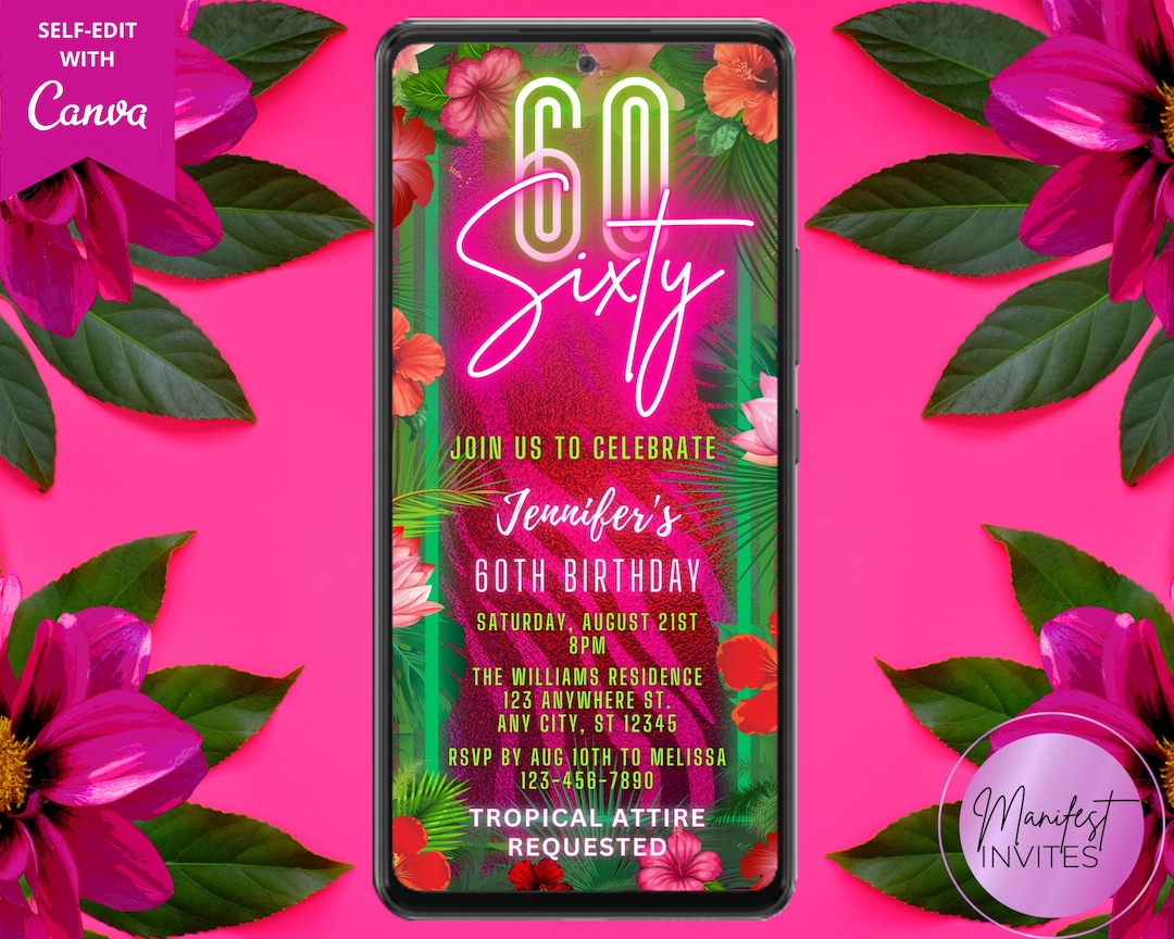 Digital Tropical Pink Floral Sixty 60th Birthday Party Invitation ...