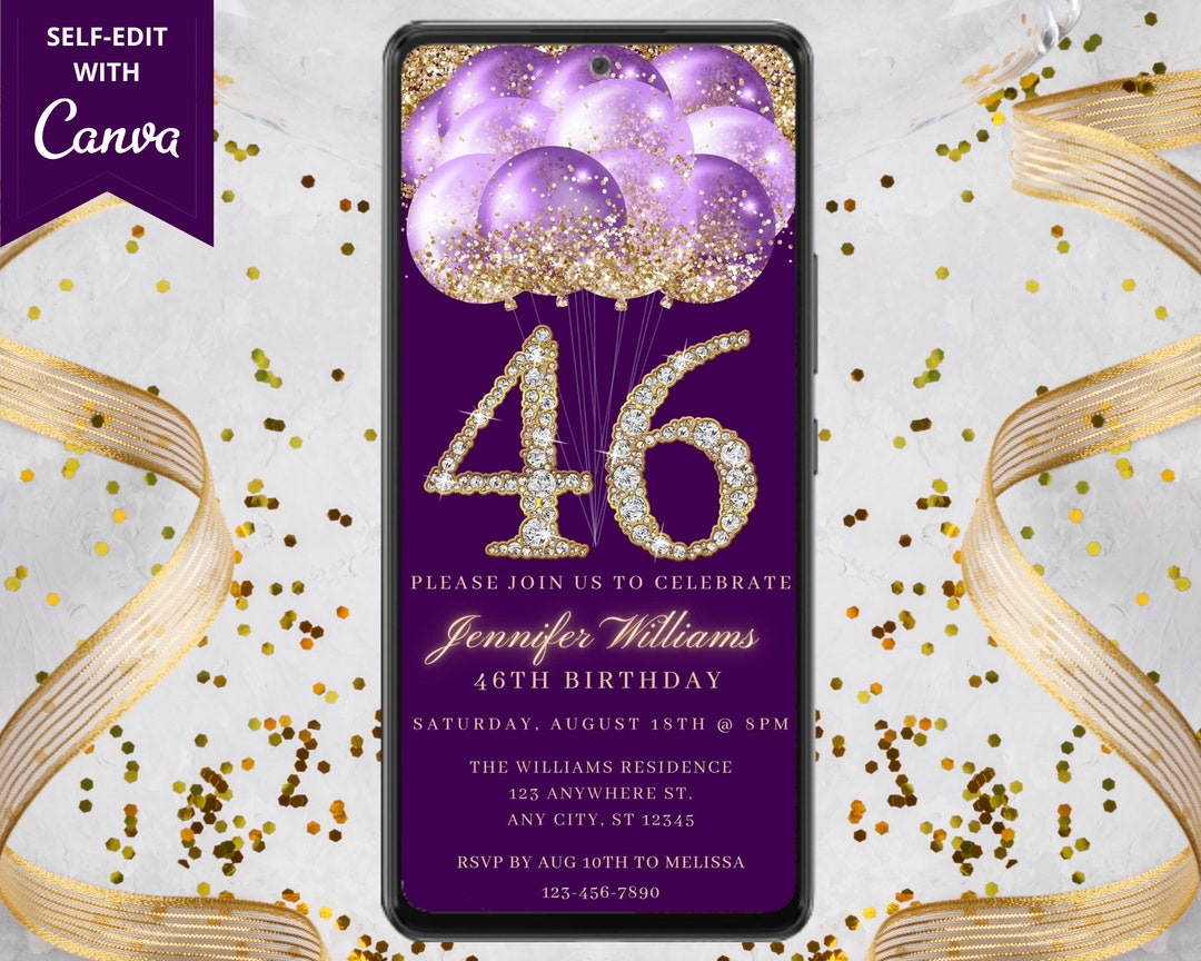 Digital 46th Birthday Party Purple Gold Invitation Electronic - Etsy