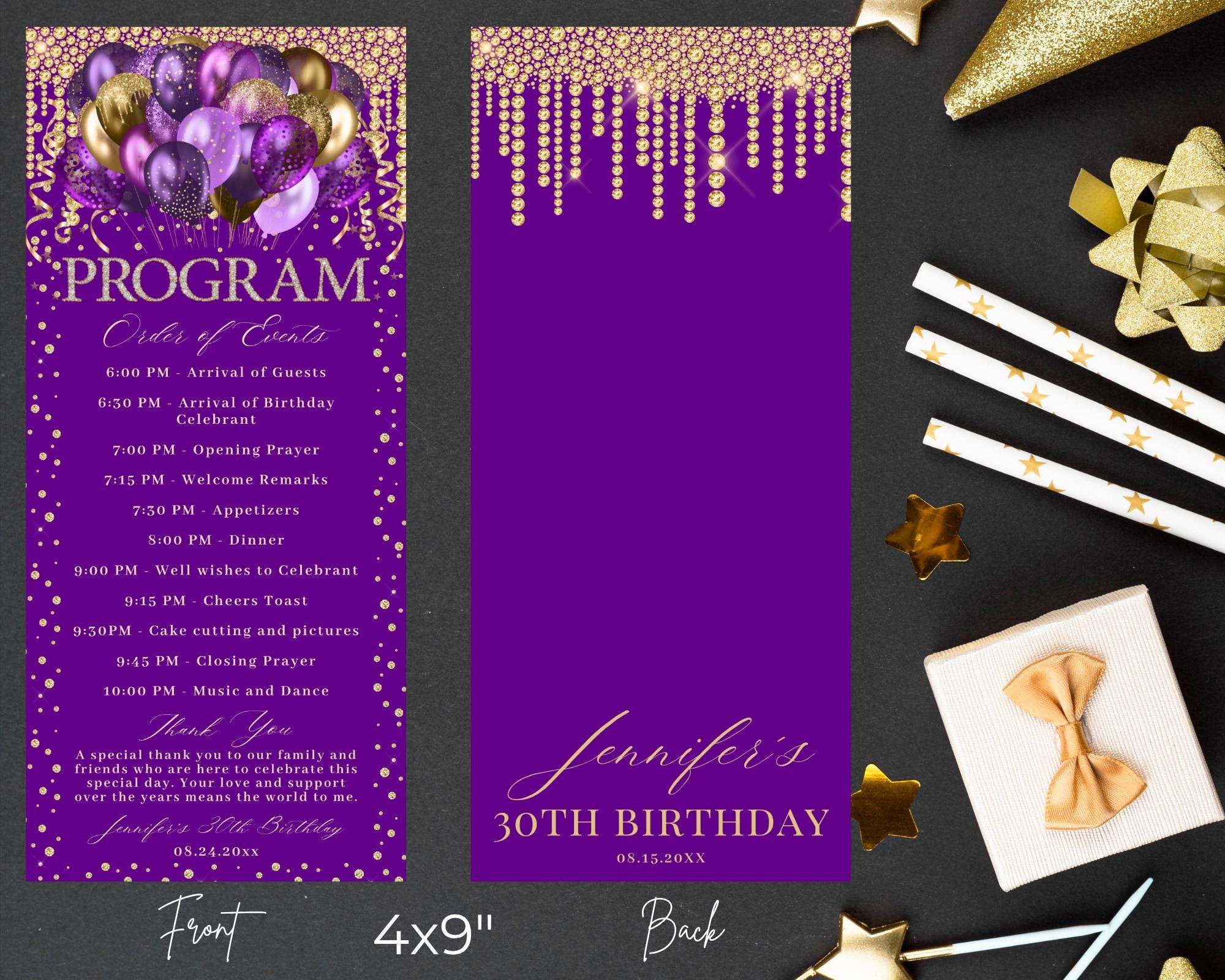 Editable Glam Purple Gold Glitter Balloons Diamond Program and Thank ...