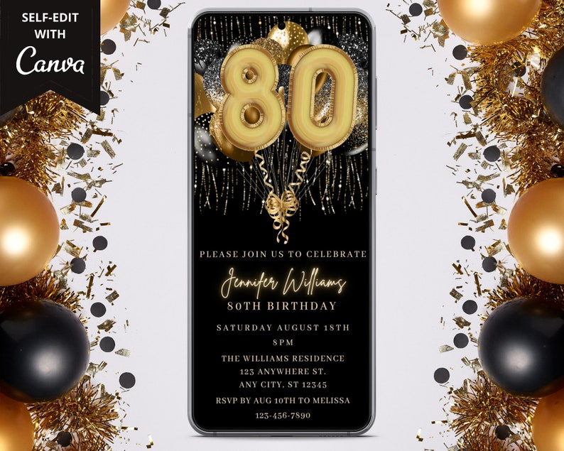 Digital 80th Birthday Party Invitation Electronic Birthday Etsy