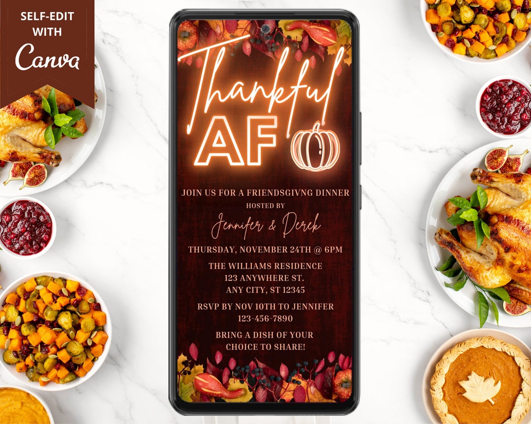 Digital Thankful AF Funny Friendsgiving Thanksgiving Invite, Electronic ...