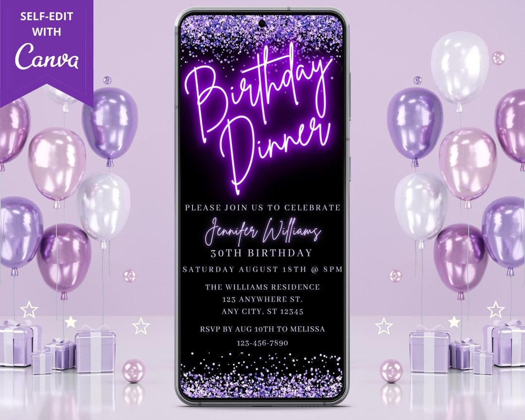 Digital Neon Purple Birthday Dinner Invitation, Electronic Birthday ...