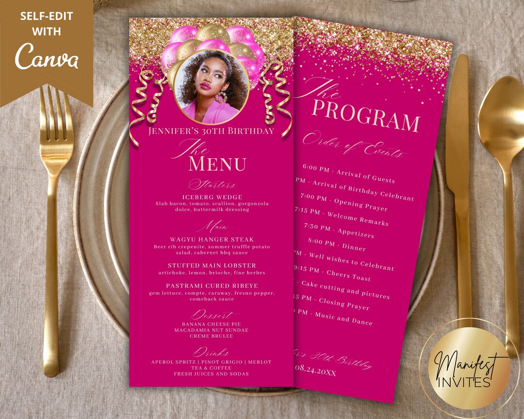 Editable Picture Pink Gold Glitter Balloons Menu and Program Card ...