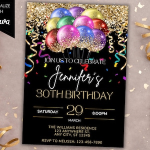 Editable Rainbow Gold Glitter Balloons Birthday Party Invitation ...
