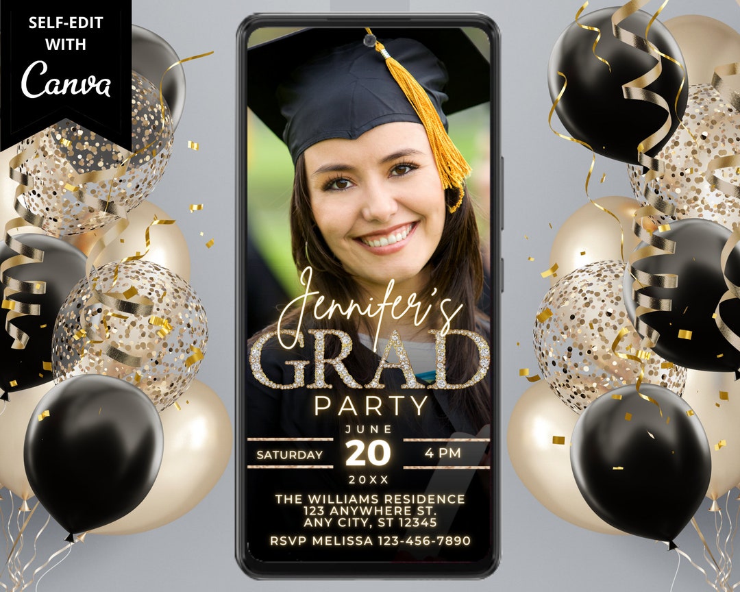 Digital Graduation Party Photo Template Gold Diamonds Invitation ...