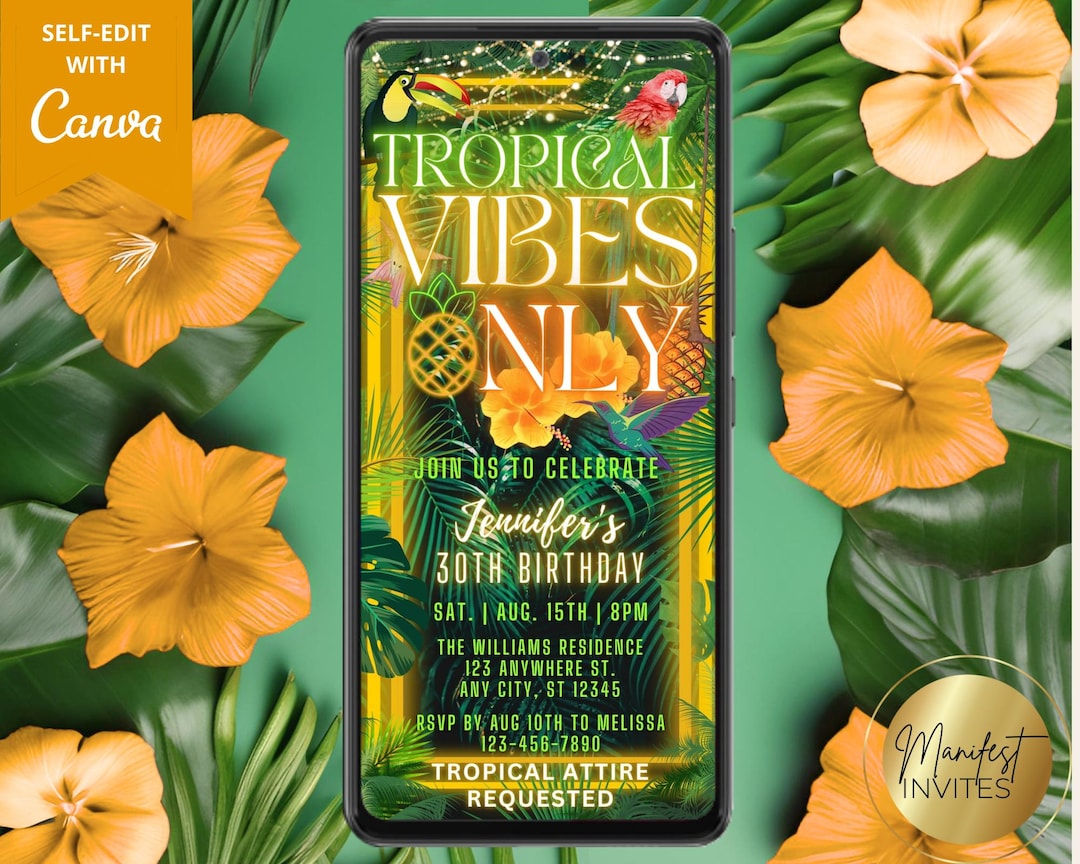 Digital Tropical Vibes Only Gold Neon Birthday Party Invitation ...