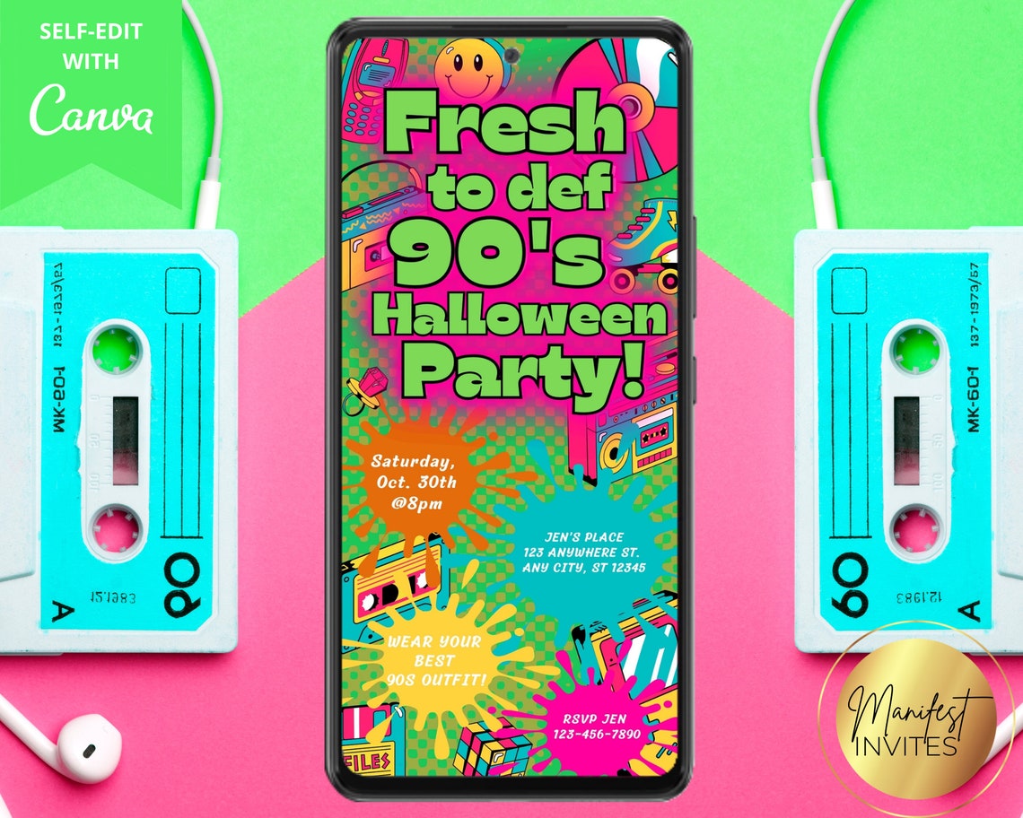 Digital 90's Party Halloween Costume Party Invitation, Retro 90s Y2K ...