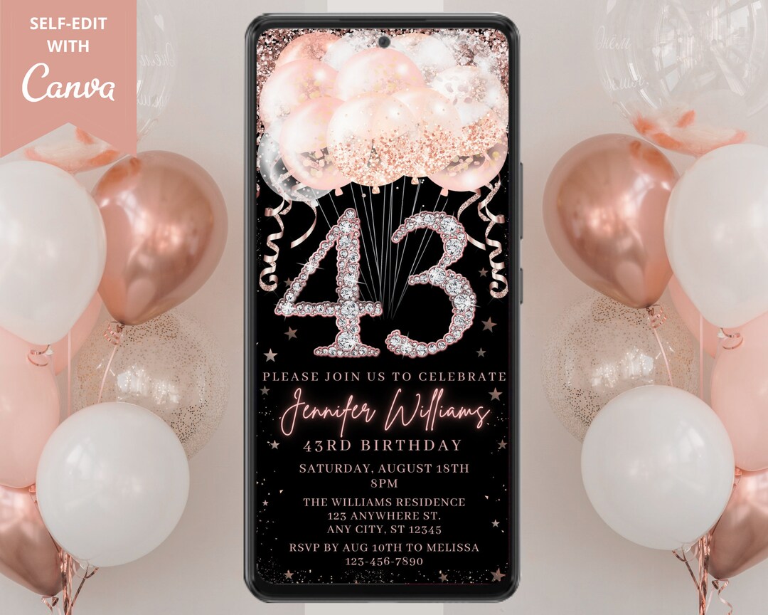 Digital 43rd Birthday Pink Rose Gold Diamond Balloons Party Invitation ...