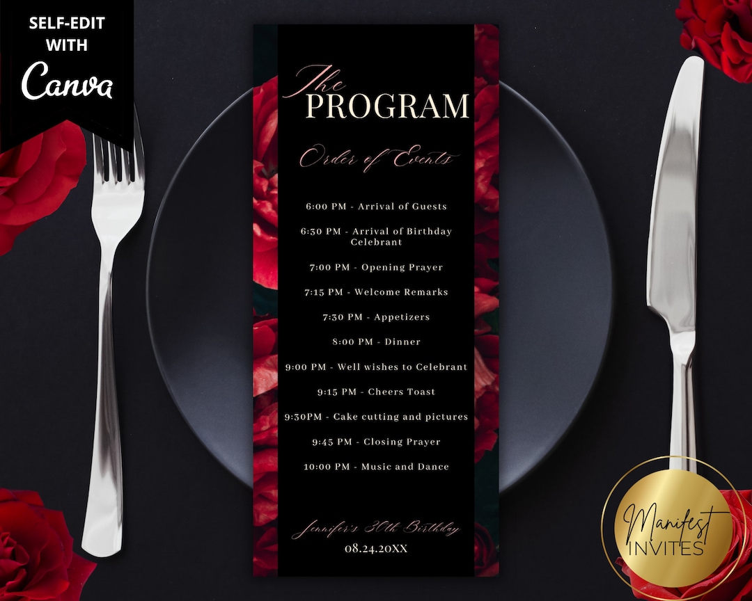 Editable Red Floral Birthday Event Program Card Template, Birthday ...