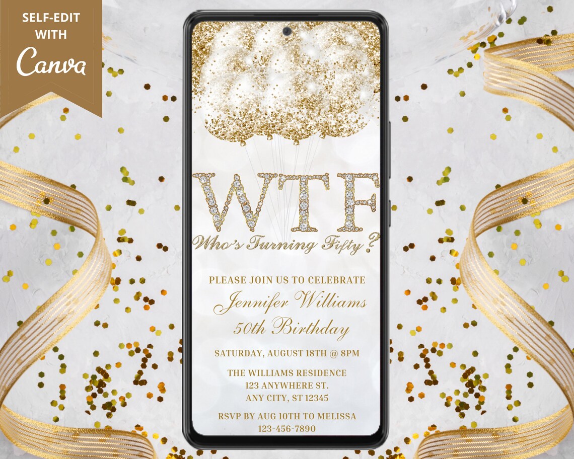 Digital WTF Who's Turning Fifty 50th Birthday White Gold - Etsy