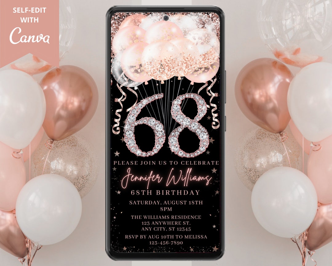 Digital 68th Birthday Pink Rose Gold Diamond Balloons Party Invitation ...