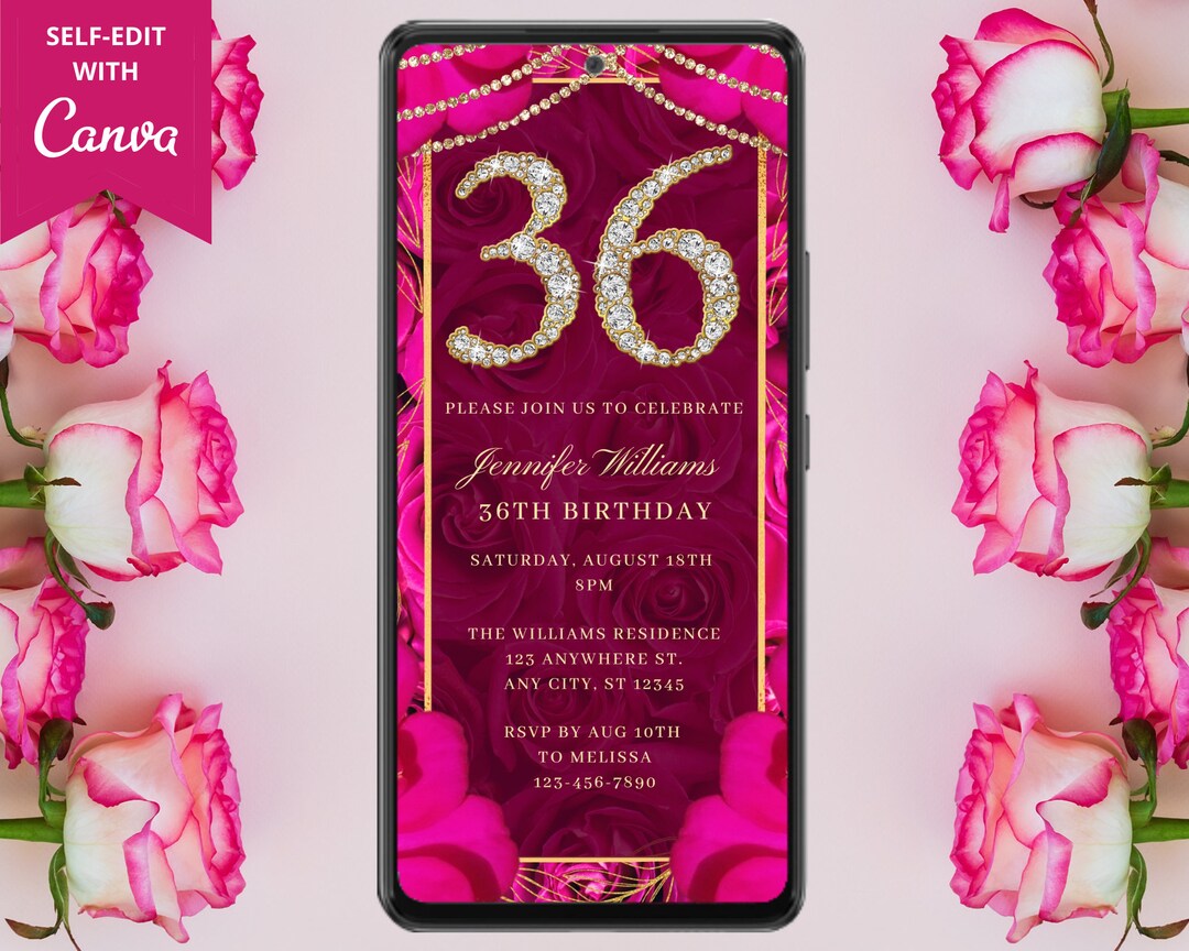 Digital 36th Birthday Party Invitation, Electronic Phone Text Evite ...