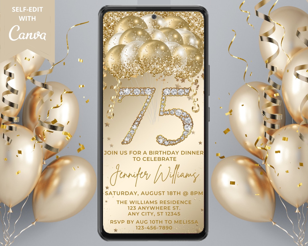 Digital 75th Birthday Diamond White Gold Balloons Party Invitation ...