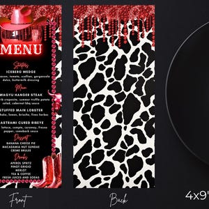 Editable Red Disco Cowgirl Birthday Hoedown Dinner Menu Card Template ...