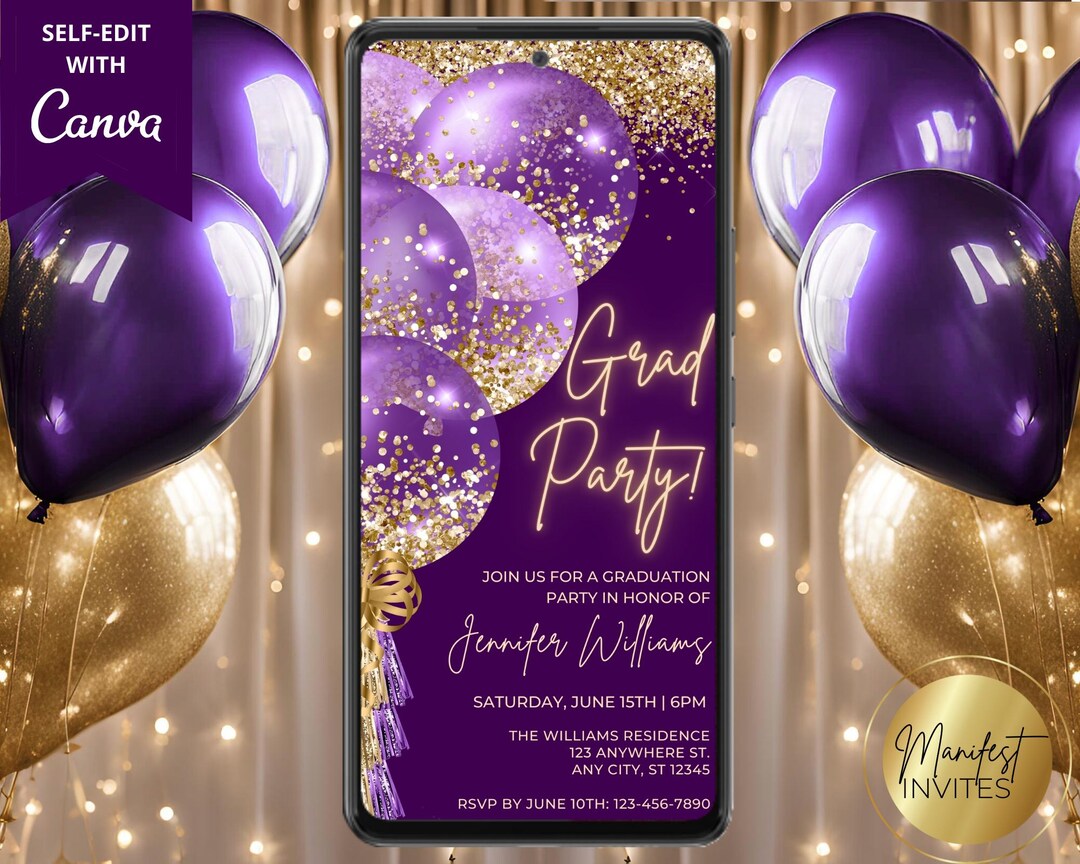Digital Graduation Party Invitation, Purple Gold Balloons, High School ...
