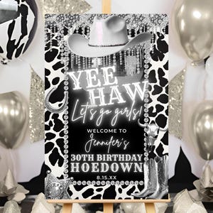 Editable Silver Disco Cowgirl Birthday Hoedown Welcome Sign, Western ...