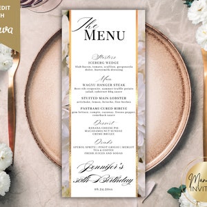 Editable White Floral Dinner Menu Card Template, Printable Event Menu ...