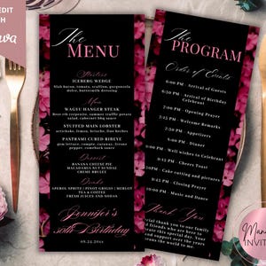 Editable Elegant Pink Floral Flowers Birthday Menu and Program Card ...