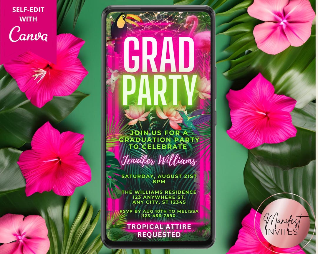 Digital Tropical Pink Neon Graduation Party Invitation, Luau BBQ, Grad ...