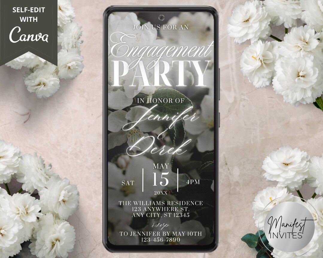 Digital White Floral Wedding Engagement Dinner Party Invitation ...