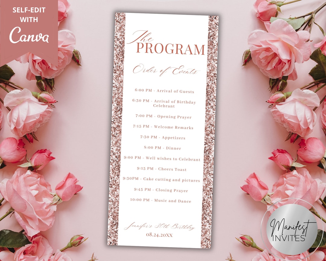 Editable Rose Gold Glitter Birthday Event Program Card Template ...
