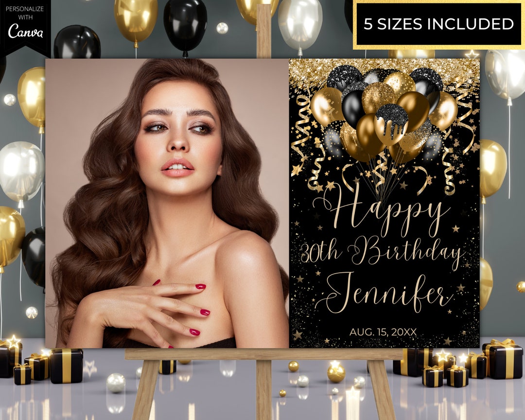 Editable Photo Template Black Gold Balloons Happy Birthday Welcome Sign