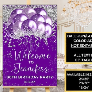 Printable Purple Silver Glitter Balloons Welcome Sign, Birthday Party ...