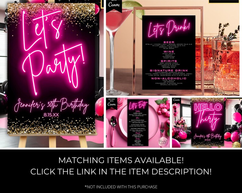 Editable Glam Pink Neon Let's Party Photo Birthday Party Welcome Sign ...