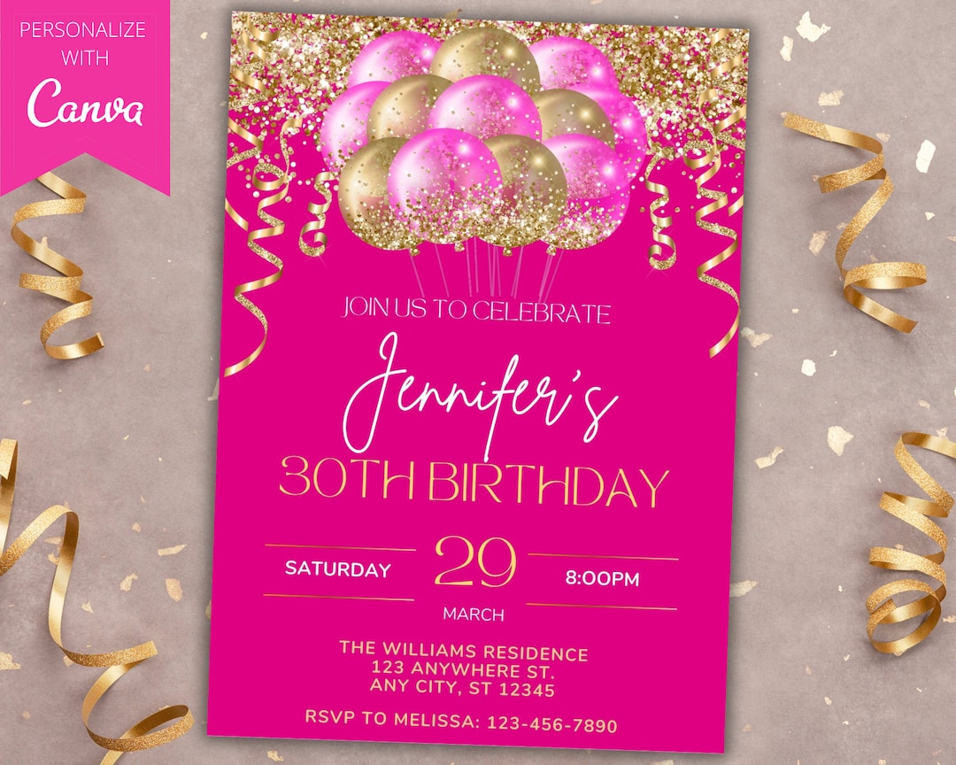 Editable Hot Pink Gold Glitter Balloons Birthday Party Invitation ...