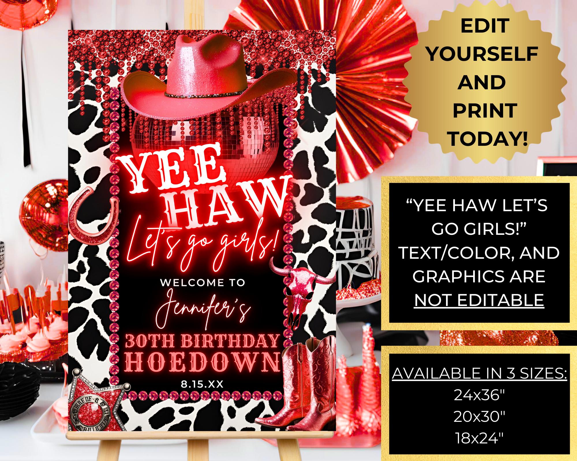 Editable Red Disco Cowgirl Birthday Hoedown Welcome Sign, Western Glam ...