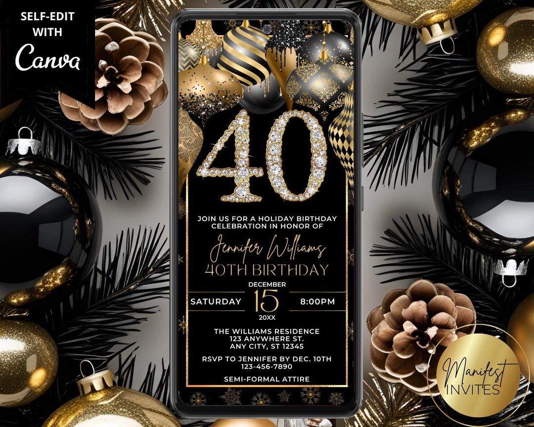 Digital Elegant 40th Birthday Christmas Holiday Party Invitation, Black ...