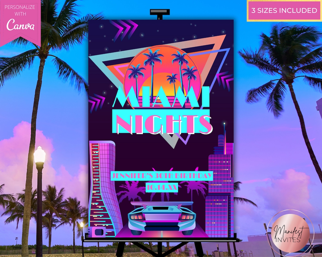 Editable Retro 80s 90s Miami Nights Birthday Party Welcome Sign ...