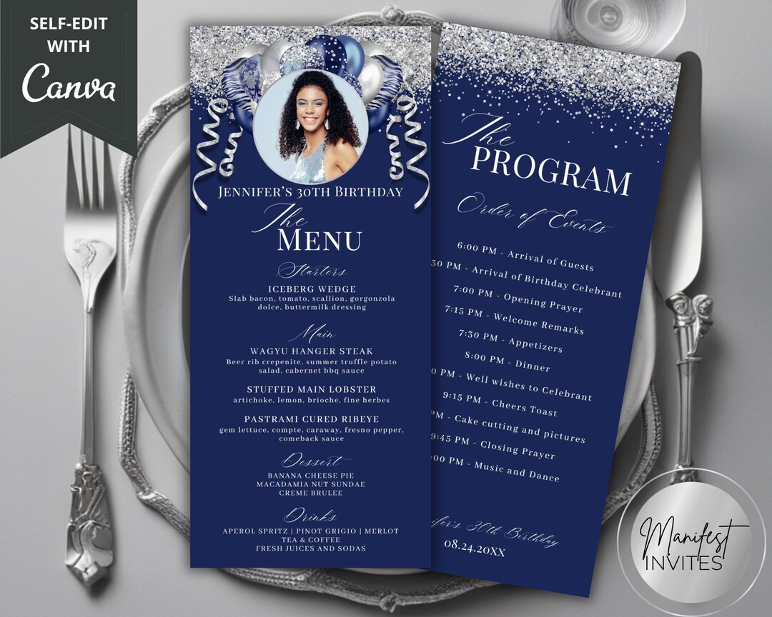 Editable Picture Blue Silver Glitter Balloons Menu and Program Card ...