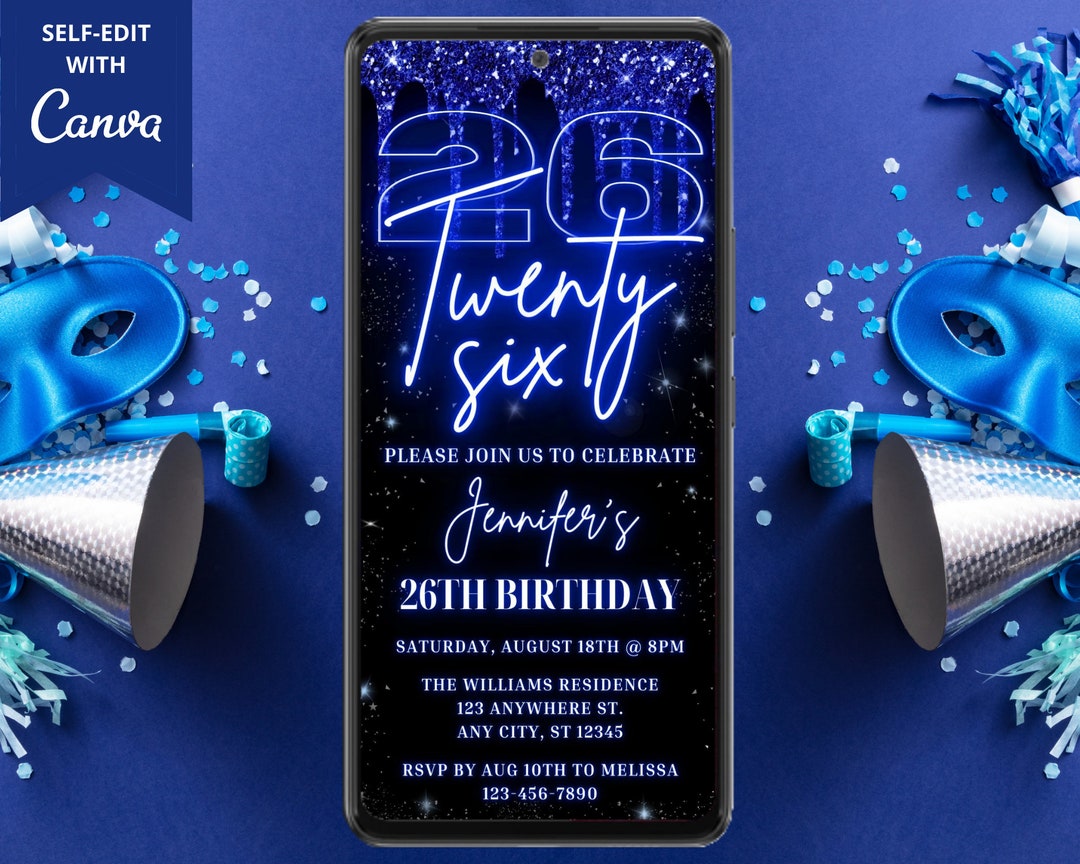 Digital 26th Birthday Party Invitation, Electronic Phone Text Message ...
