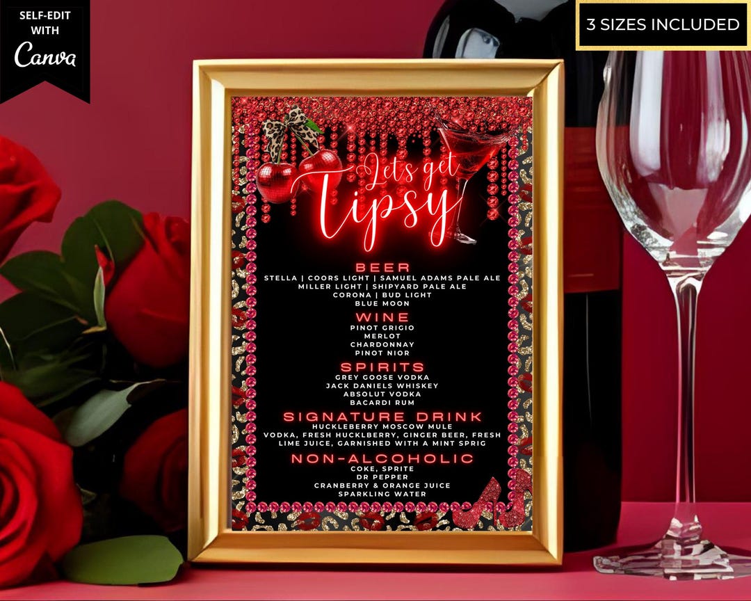 Editable Cheetah and Cherry Birthday Bar Menu, Let's Get Tipsy, Glam ...
