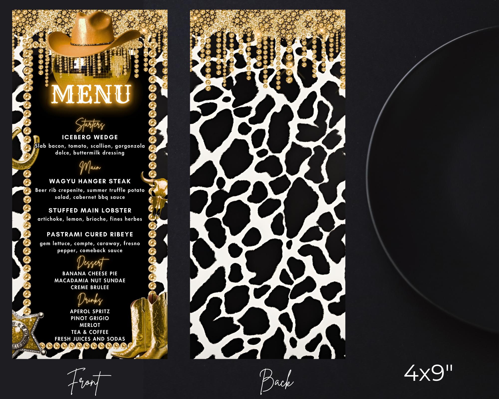Editable Gold Disco Cowgirl Birthday Hoedown Dinner Menu Card Template ...