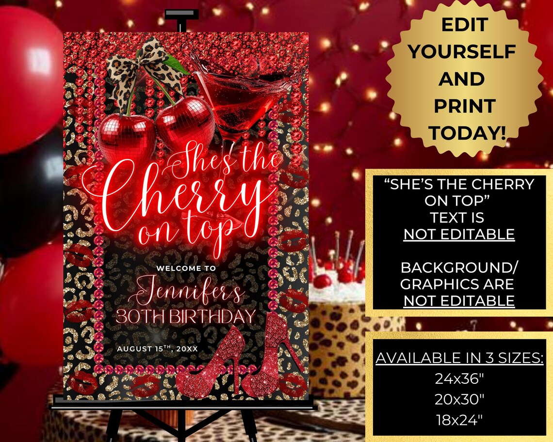 Editable Cheetah & Cherry Welcome Sign, She's the Cherry on Top, Glam ...