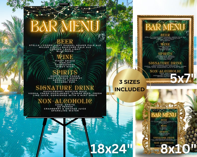 Editable Gold Neon Tropical Bar Menu Canva Template, Printable Cocktail ...