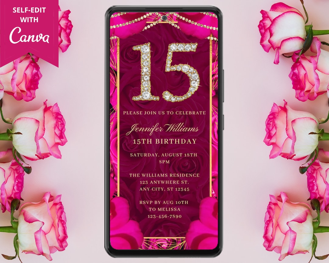 Digital 15th Birthday Party Invitation, Electronic Phone Text Evite ...