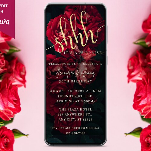 Watercolor Red Roses Birthday Invitation Printable Template - Etsy