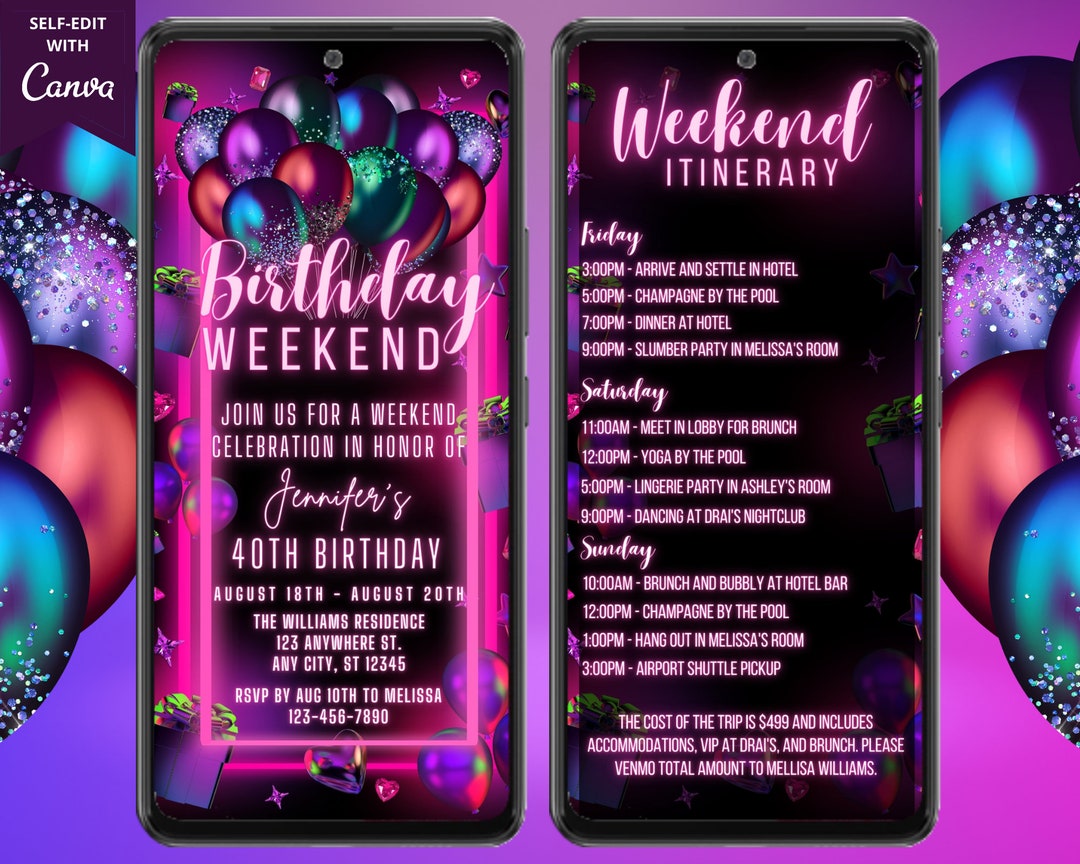 Digital Birthday Weekend Itinerary Party Invitation, Electronic Phone ...